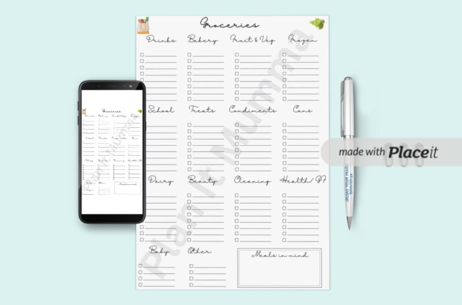 CURSIVE VERSION Grocery Shopping List Printable Sectioned PDF Digital ...