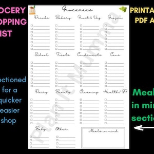 CURSIVE VERSION Grocery Shopping List Printable Sectioned PDF Digital ...