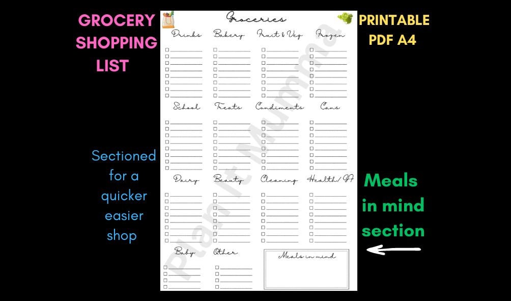 CURSIVE VERSION Grocery Shopping List Printable Sectioned PDF Digital ...