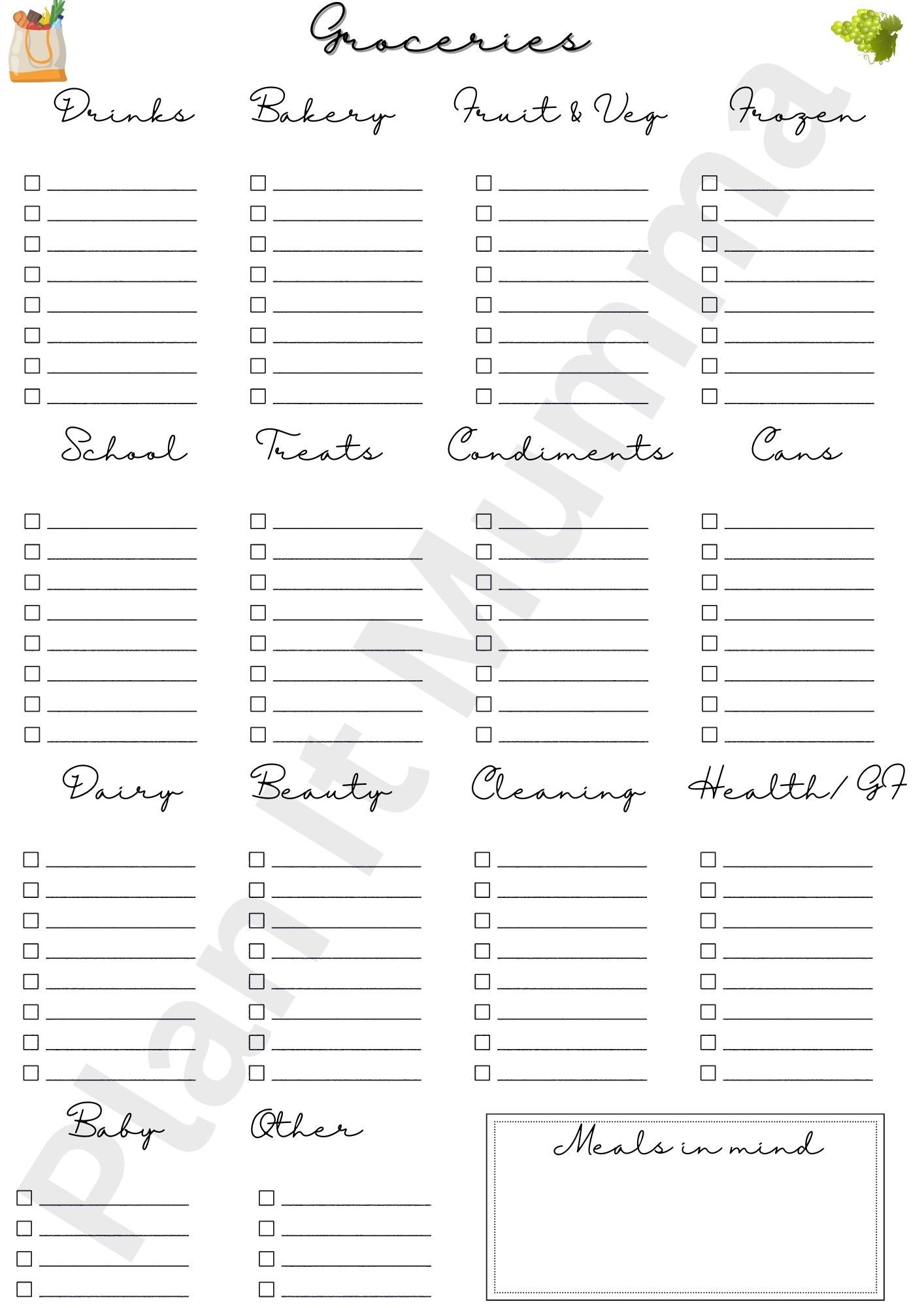 CURSIVE VERSION Grocery Shopping List Printable Sectioned PDF Digital ...