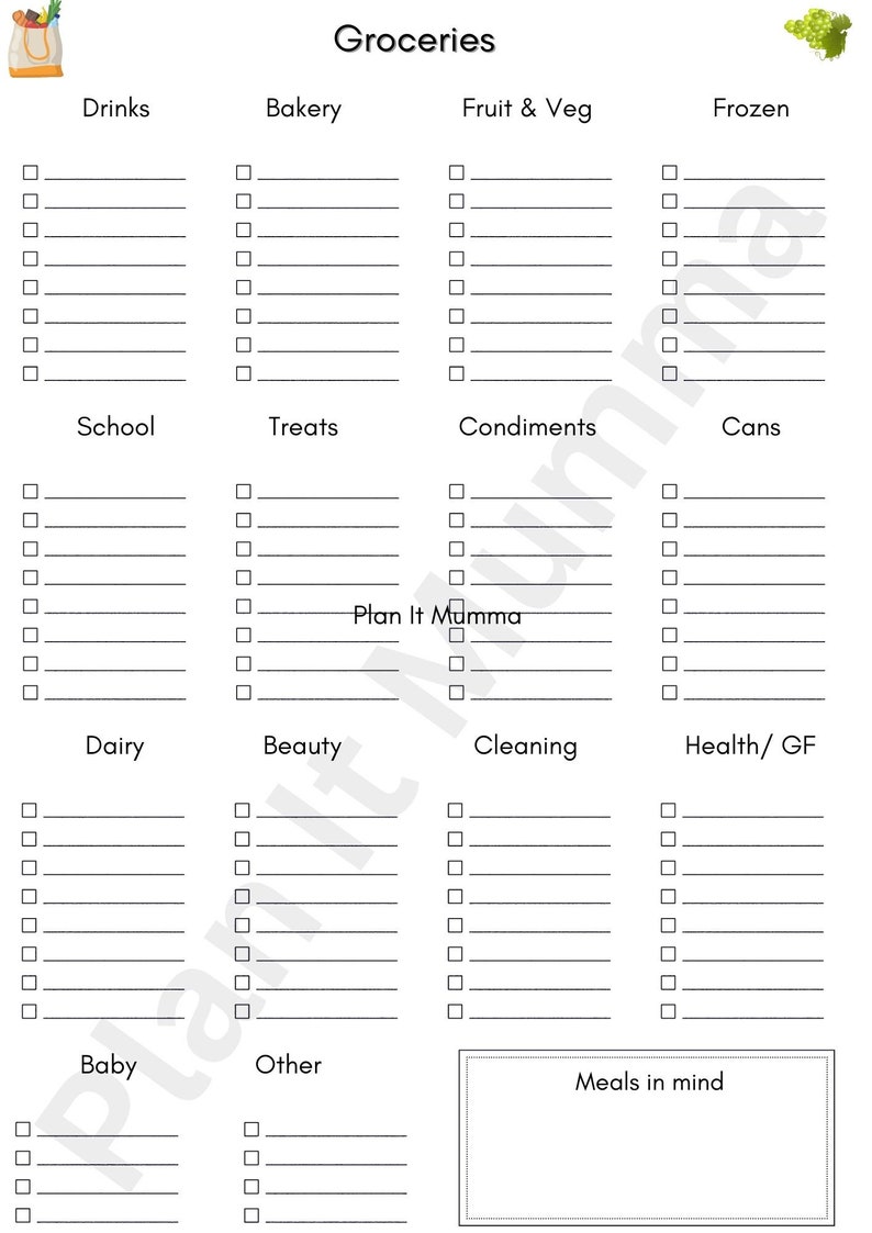 Sectioned Grocery Shopping List With Meal Planner (PDF Download) - Etsy