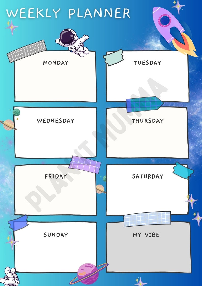 Kids Weekly Planner Schedule Printable Boys Space Themed Girls Mermaid ...