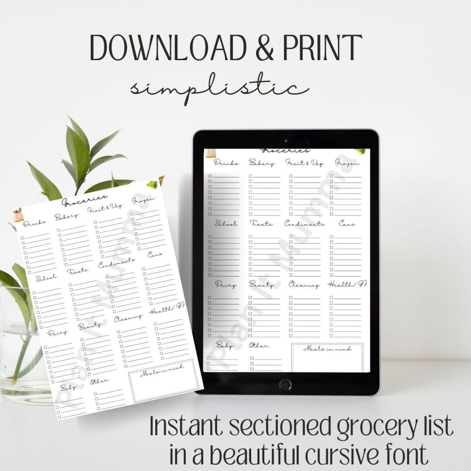 Cursive Grocery Shopping List Printable With Meal Planner (PDF) - Etsy