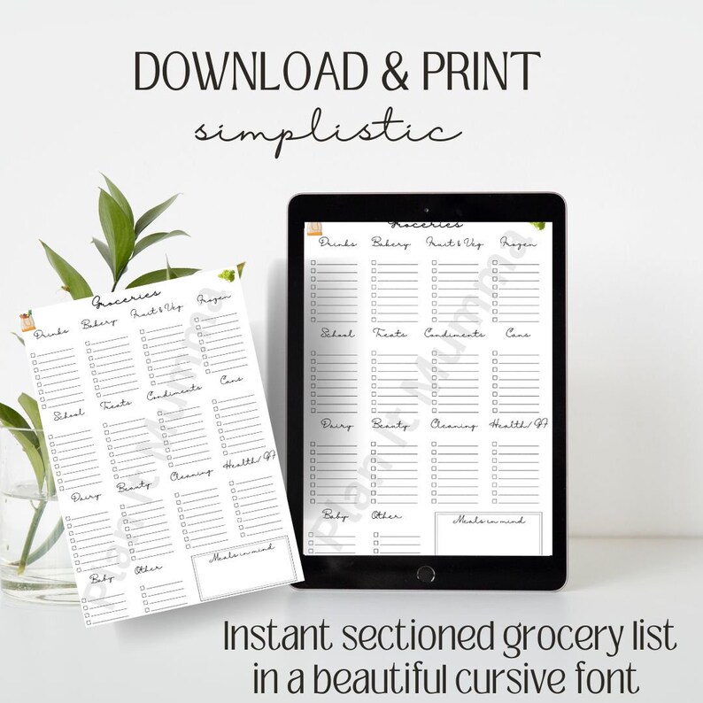 CURSIVE VERSION Grocery Shopping List Printable Sectioned PDF Digital ...