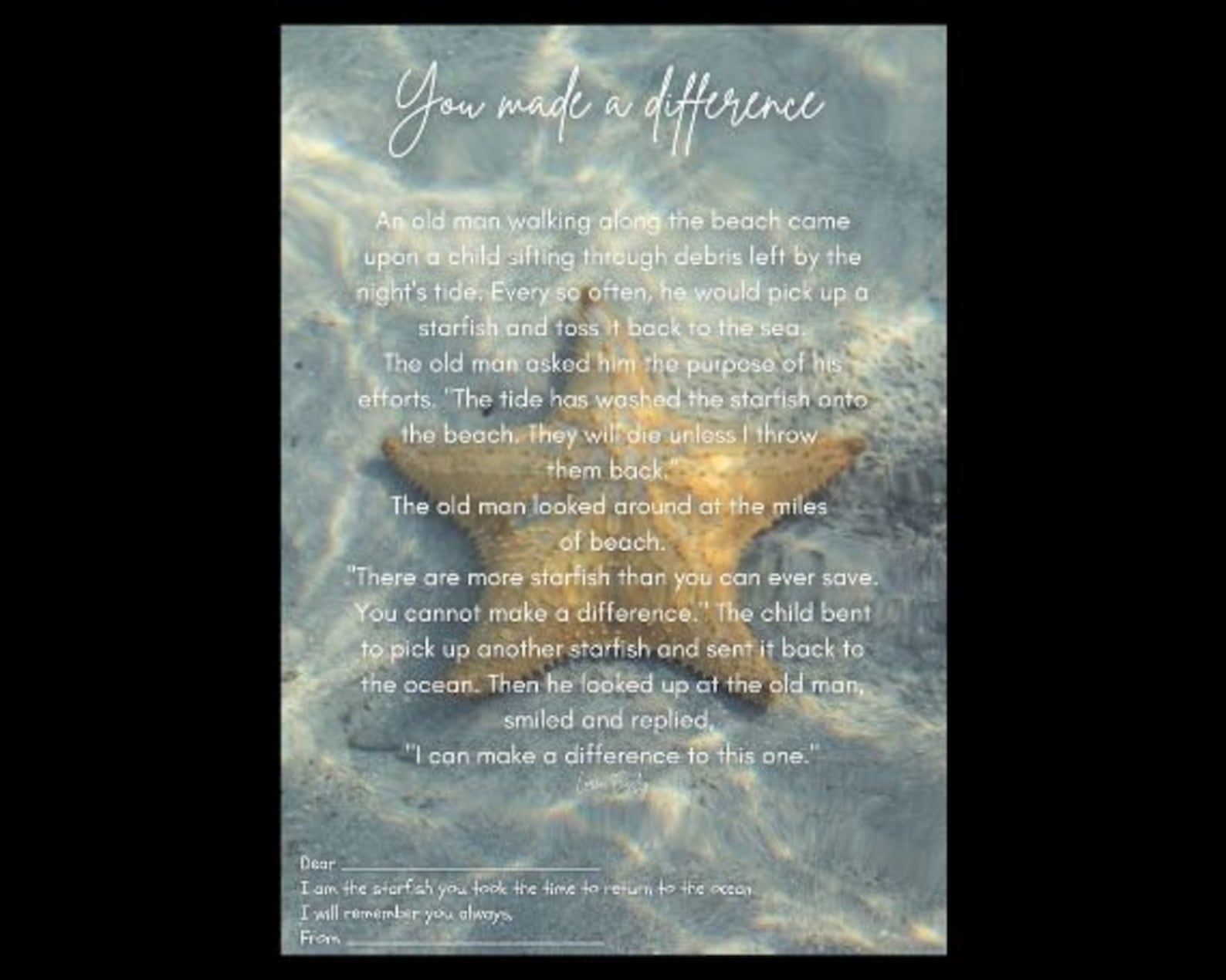 You Made a Difference Teacher Gift Appreciation Starfish Poem Digital ...