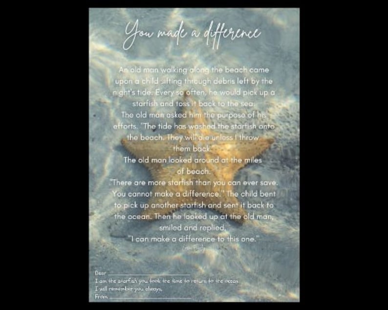 You Made a Difference Teacher Gift Appreciation Starfish Poem Digital ...