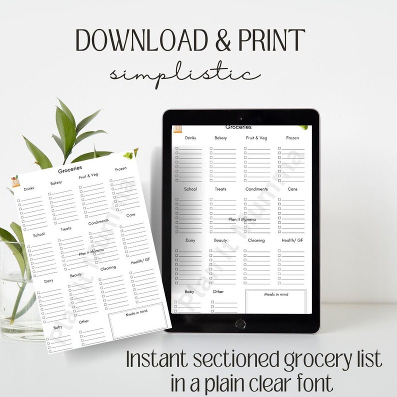 Sectioned Grocery Shopping List With Meal Planner (PDF Download) - Etsy