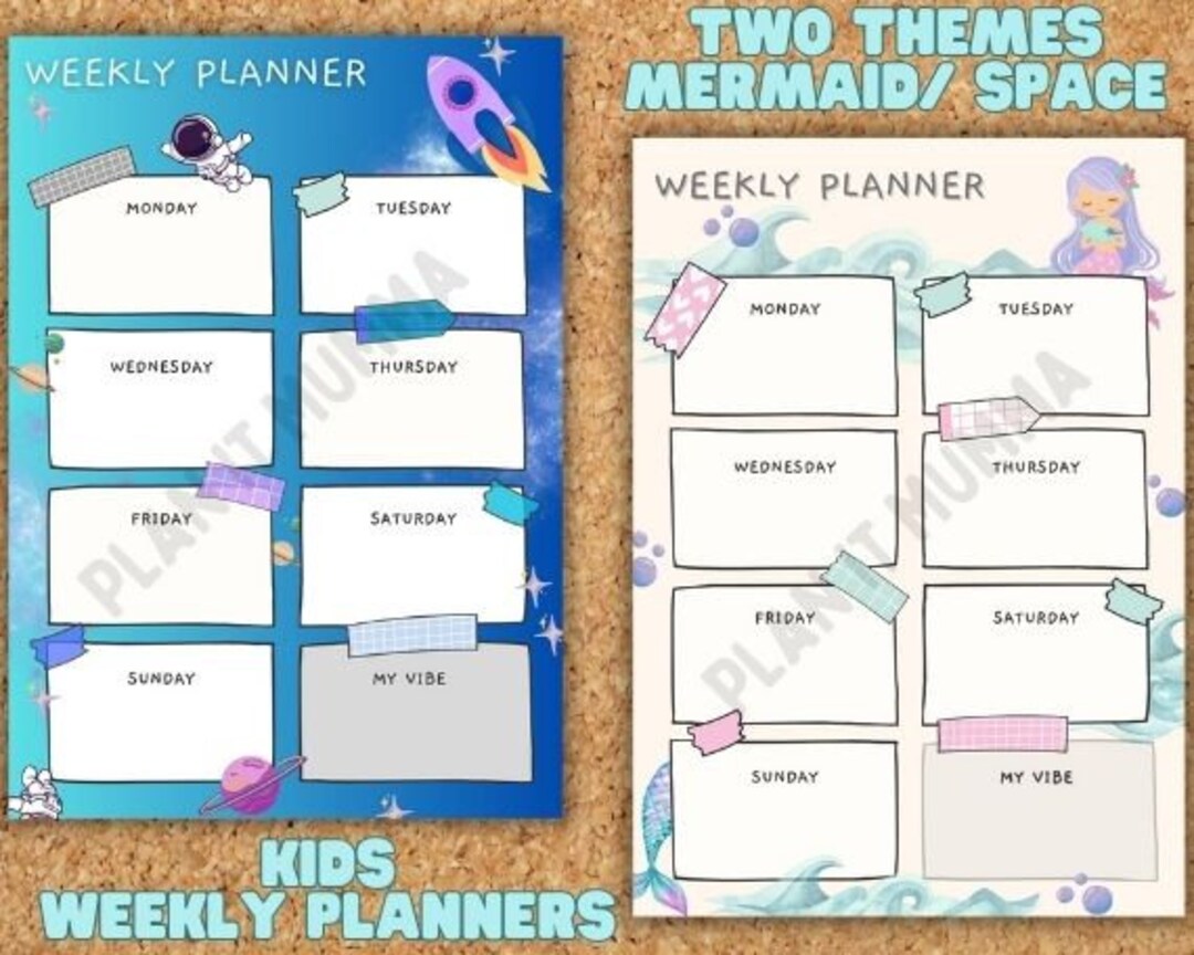 Kids Weekly Planner Schedule Printable Boys Space Themed Girls Mermaid ...