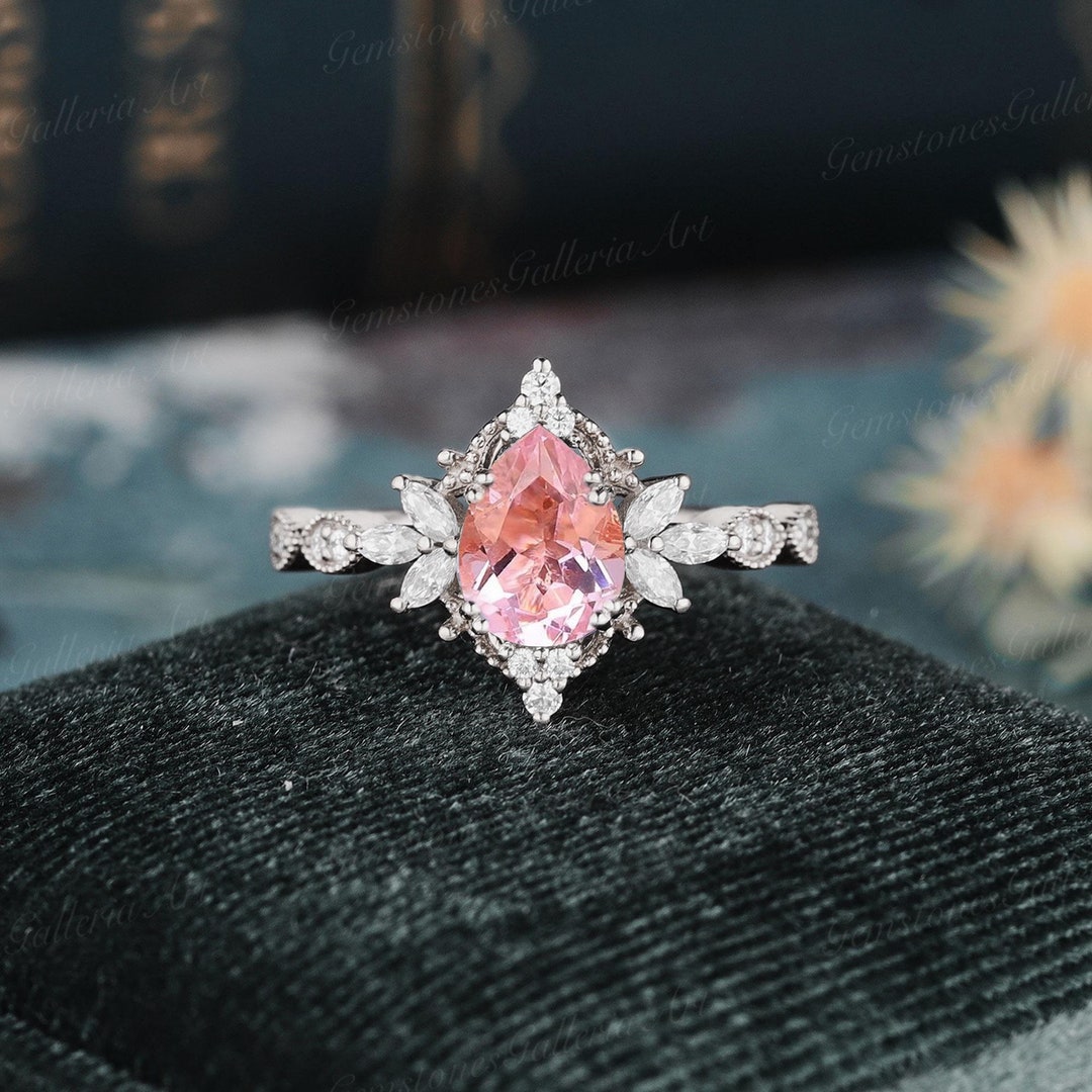 White Gold Paparacha Engagement Ring Tear Shaped Pink Sapphire Wedding ...