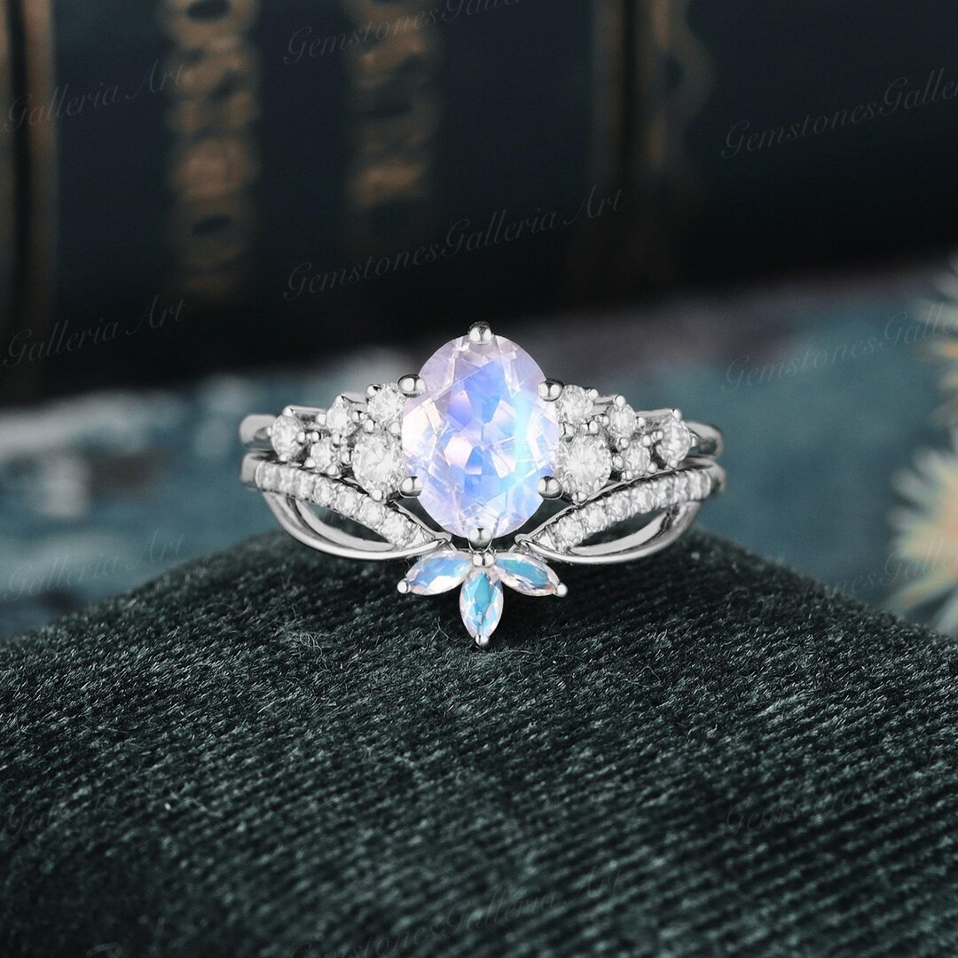 Vintage Oval Shaped Moonstone Engagement Ring Set White Gold Ring Women ...