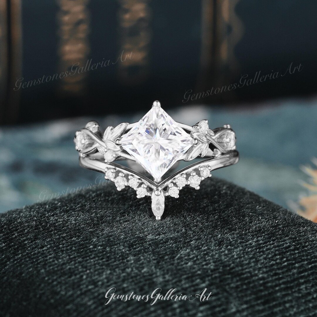 Leaf Moissanite Engagement Rings Princess Moissanite Ring Set Vintage ...