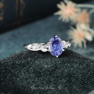 Oval Cornflower Blue Sapphire Engagement Ring 14K White Gold Ring Vintage Engagement Ring Leaf ...