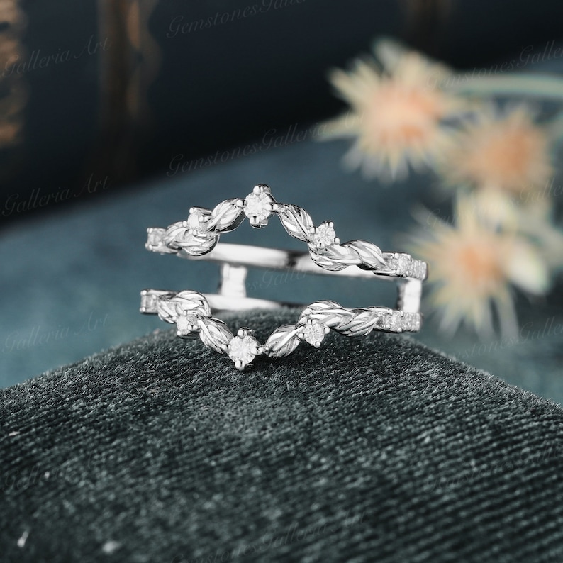 Rose Gold Leaf Curved Wedding Band Ring Enhancer Unique Moissanite Cage ...