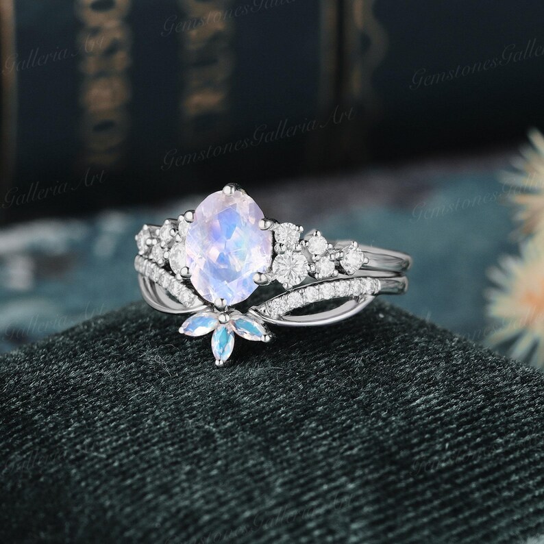 Vintage Oval Shaped Moonstone Engagement Ring Set White Gold Ring Women ...