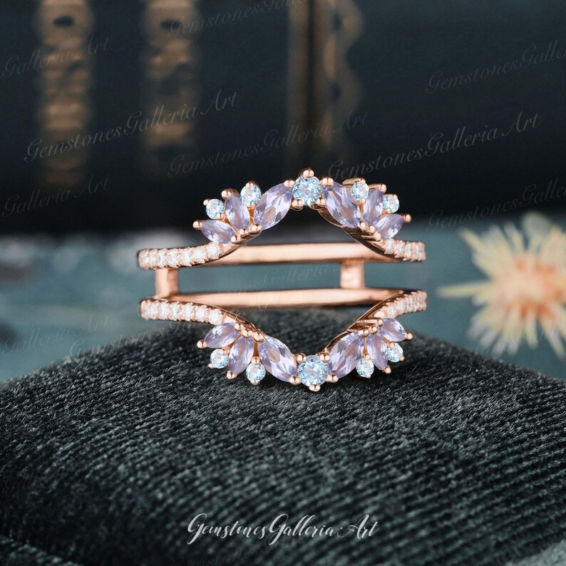 Art Deco Tanzanite Curved Wedding Band Ring Enhancer Blue Topaz Unique ...