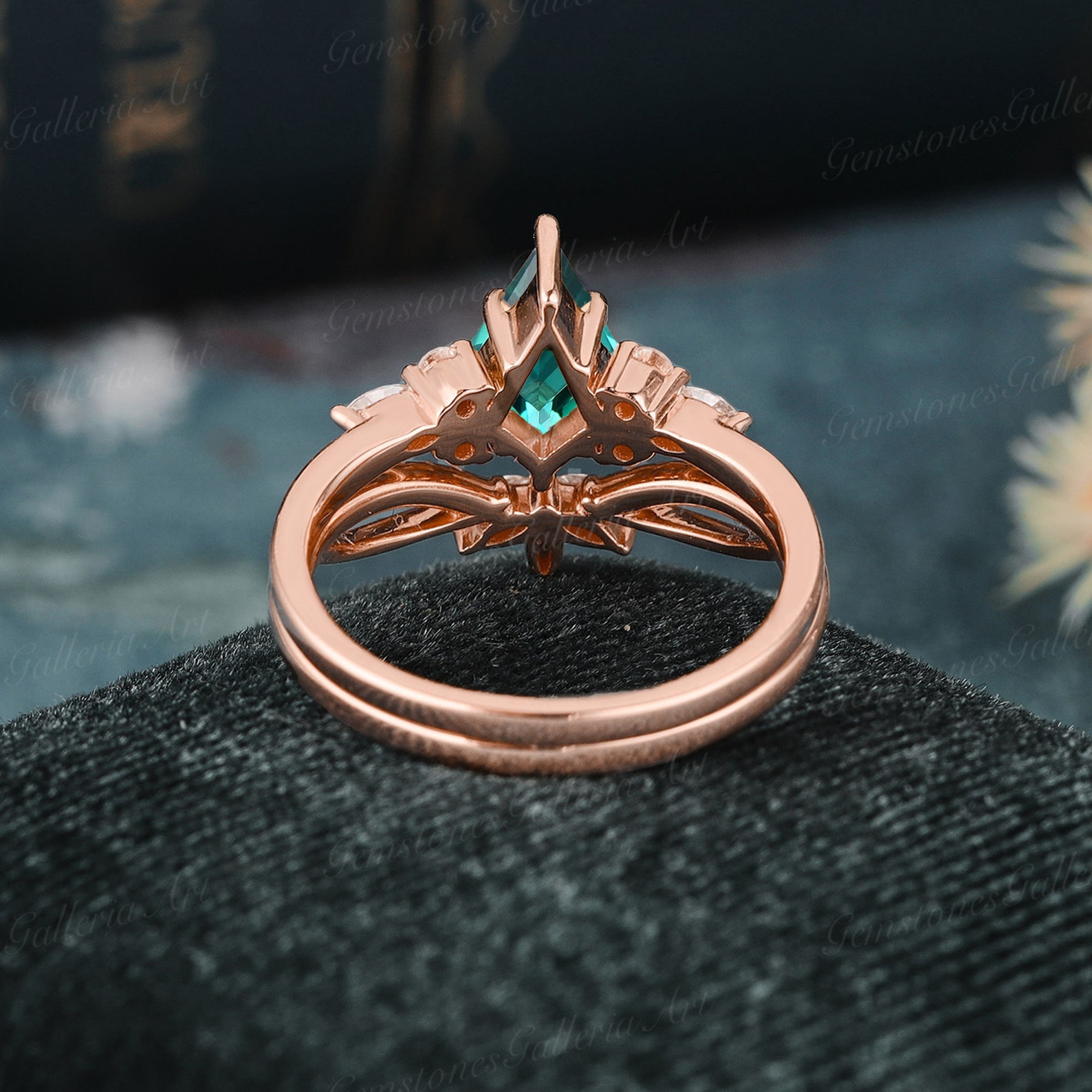 Kite Cut Lab Emerald Engagement Ring Set Unique Rose Gold Diamond Ring ...