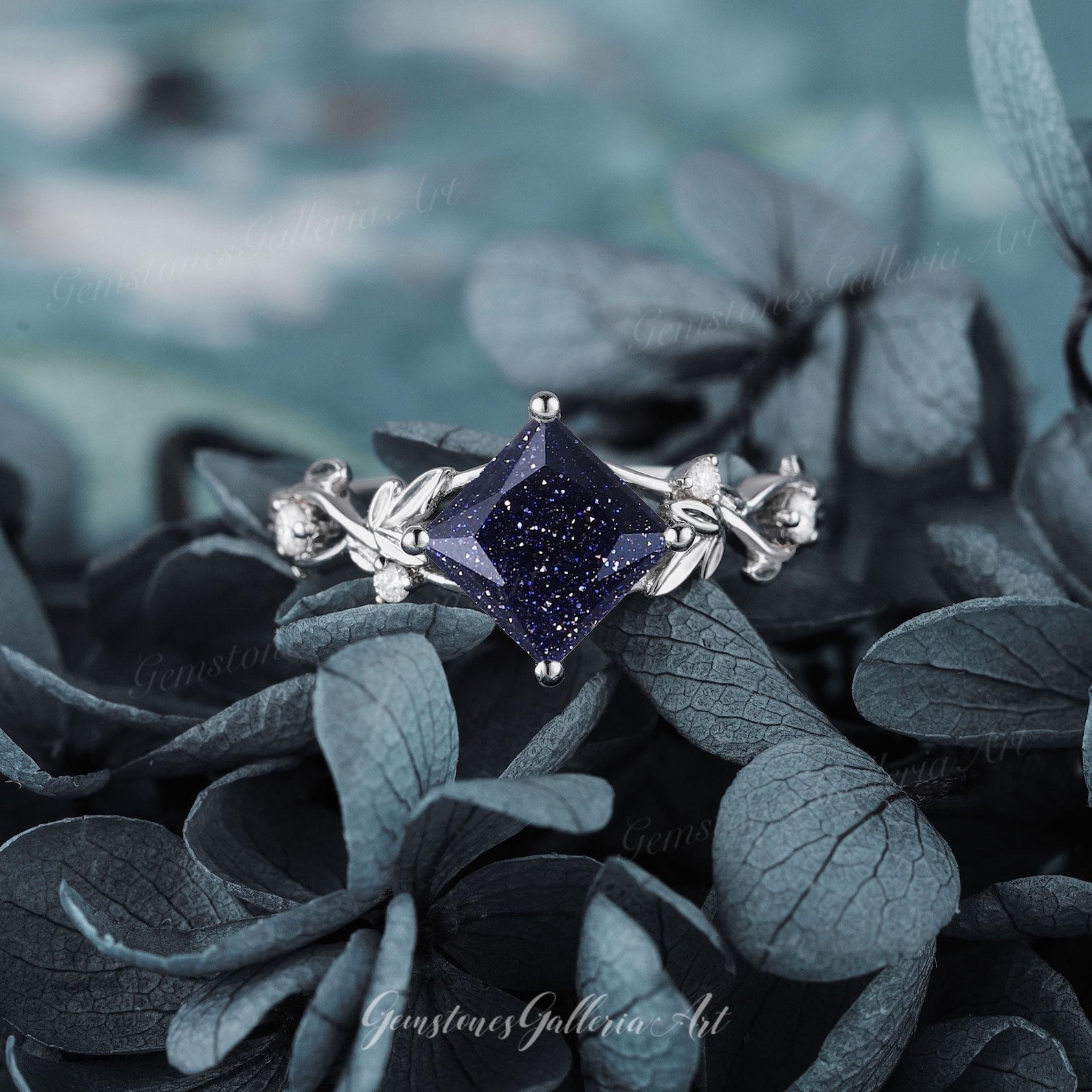 Princess Cut Blue Sandstone Promise Ring Leaf White Gold Engagement ...