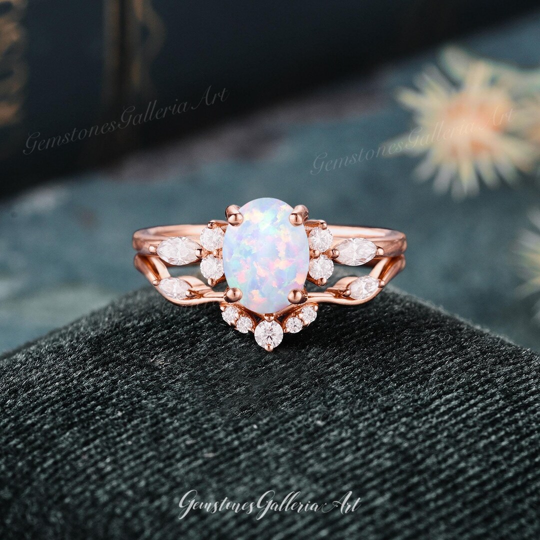 2pcs Opal Engagement Ring Set Rose Gold Unique Opal Wedding Ring Set Vintage Opal Engagement ...
