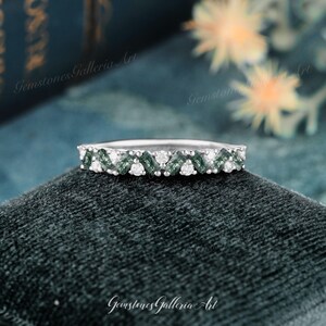 Moss Agate Ring Rose Gold Wedding Band Women Dainty Moissanite Rose ...