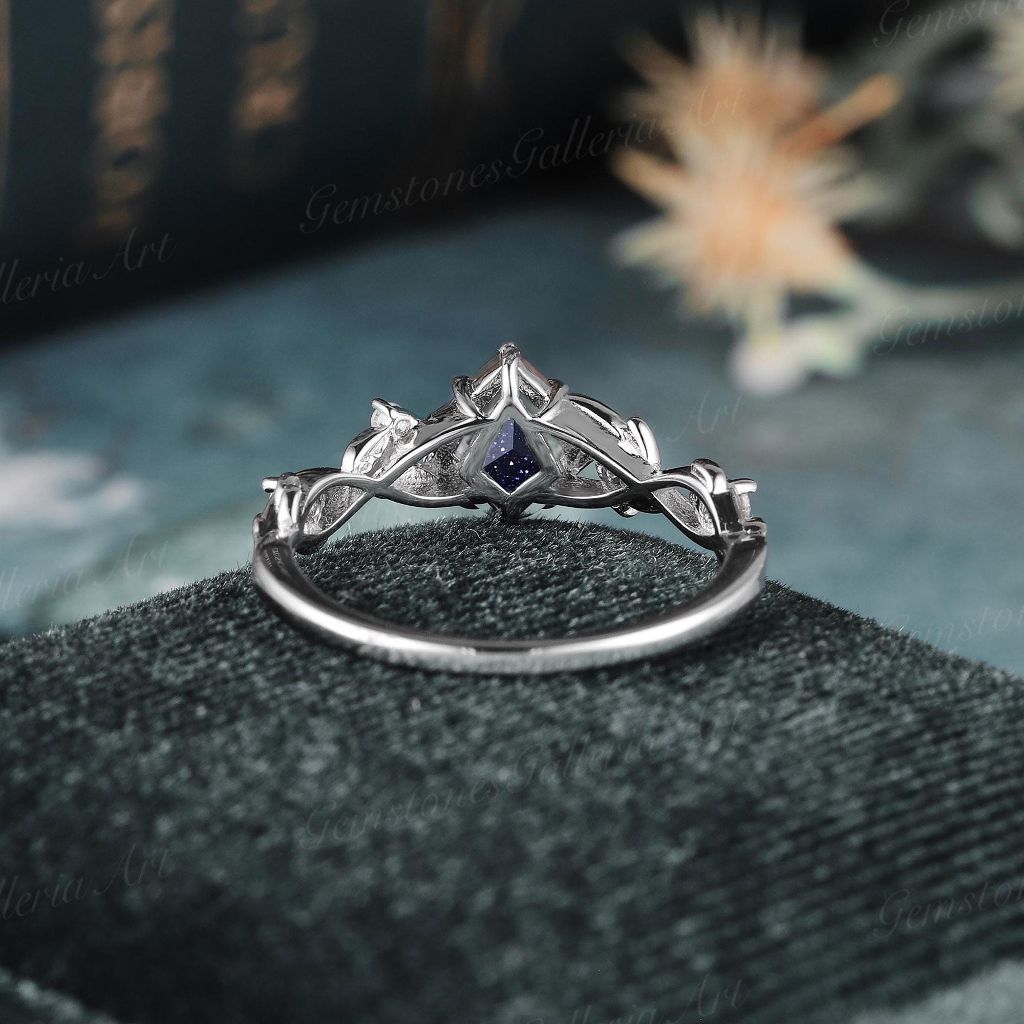 Princess Cut Blue Sandstone Promise Ring Leaf White Gold Engagement ...