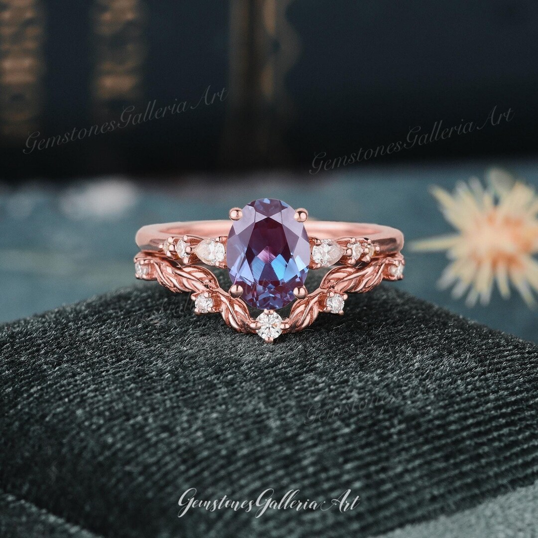 Vintage Oval Alexandrite Wedding Ring Set Leaf Vine Alexandrite ...