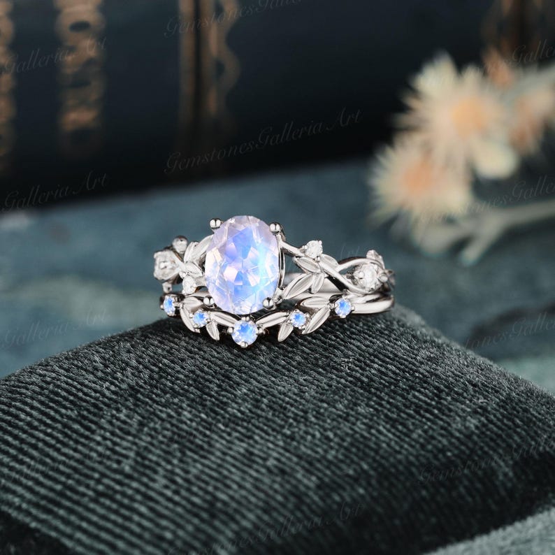 Moonstone Engagement Ring Set Oval Shaped Twisted White Gold Moonstone ...
