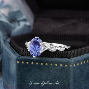 Oval Cornflower Blue Sapphire Engagement Ring 14K White Gold Ring Vintage Engagement Ring Leaf ...