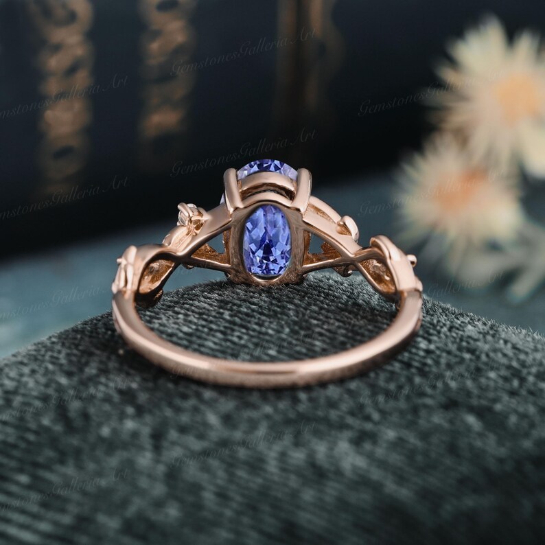 Oval Cornflower Sapphire Engagement Ring Twisted Blue Sapphire Wedding Ring Leaf Vine Flower ...
