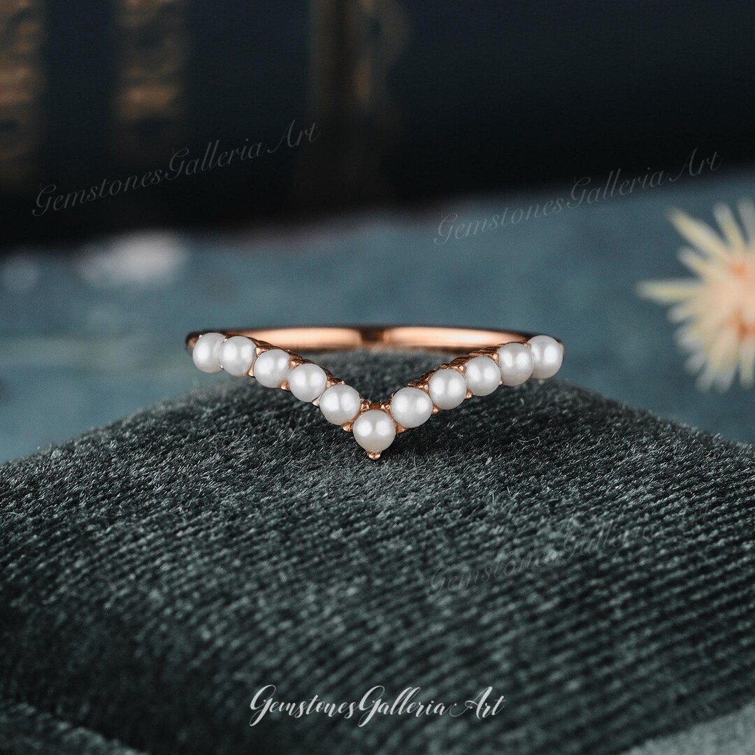 Unique Pearl Wedding Band Curved Wedding Ring Vintage Rose Gold Ring ...