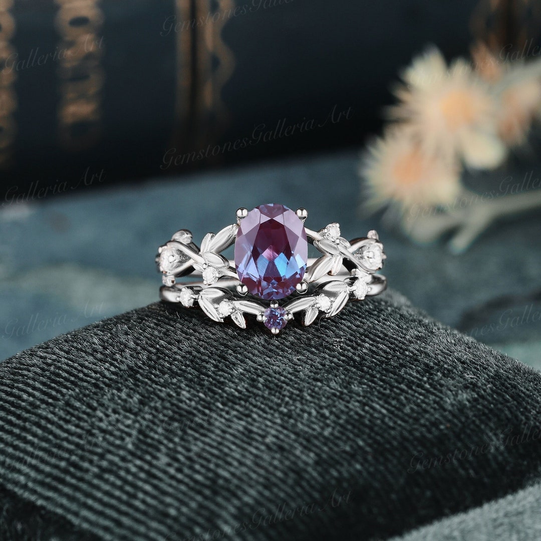 Infinity Alexandrite Engagement Ring Set Vintage Oval Cut White Gold ...
