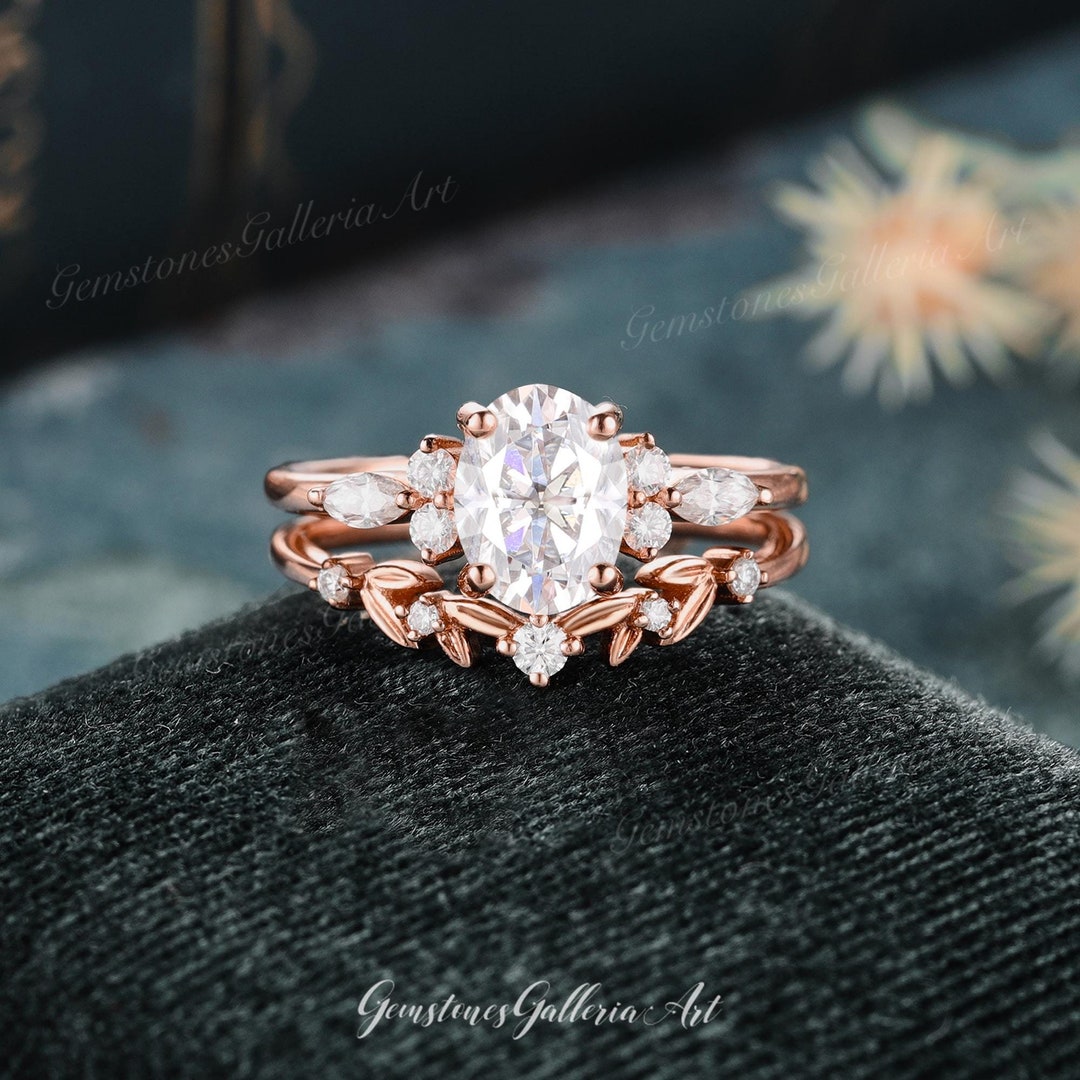 Rose Gold Moissanite Engagement Ring Set 2pcs Oval Shaped Moissanite ...