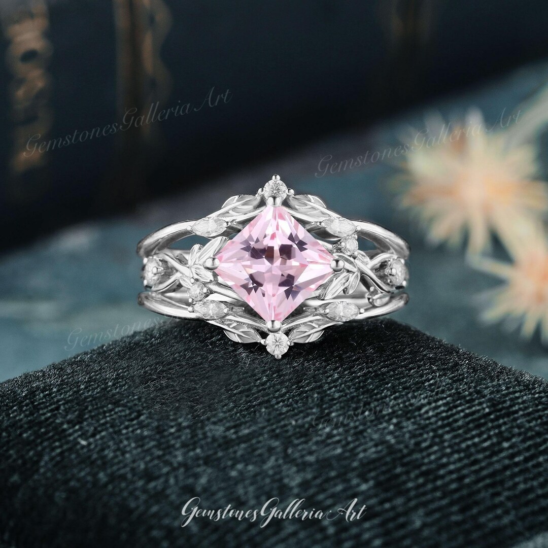 Unique Pink Sapphire Engagement Ring Set Twisted White Gold Diamond ...