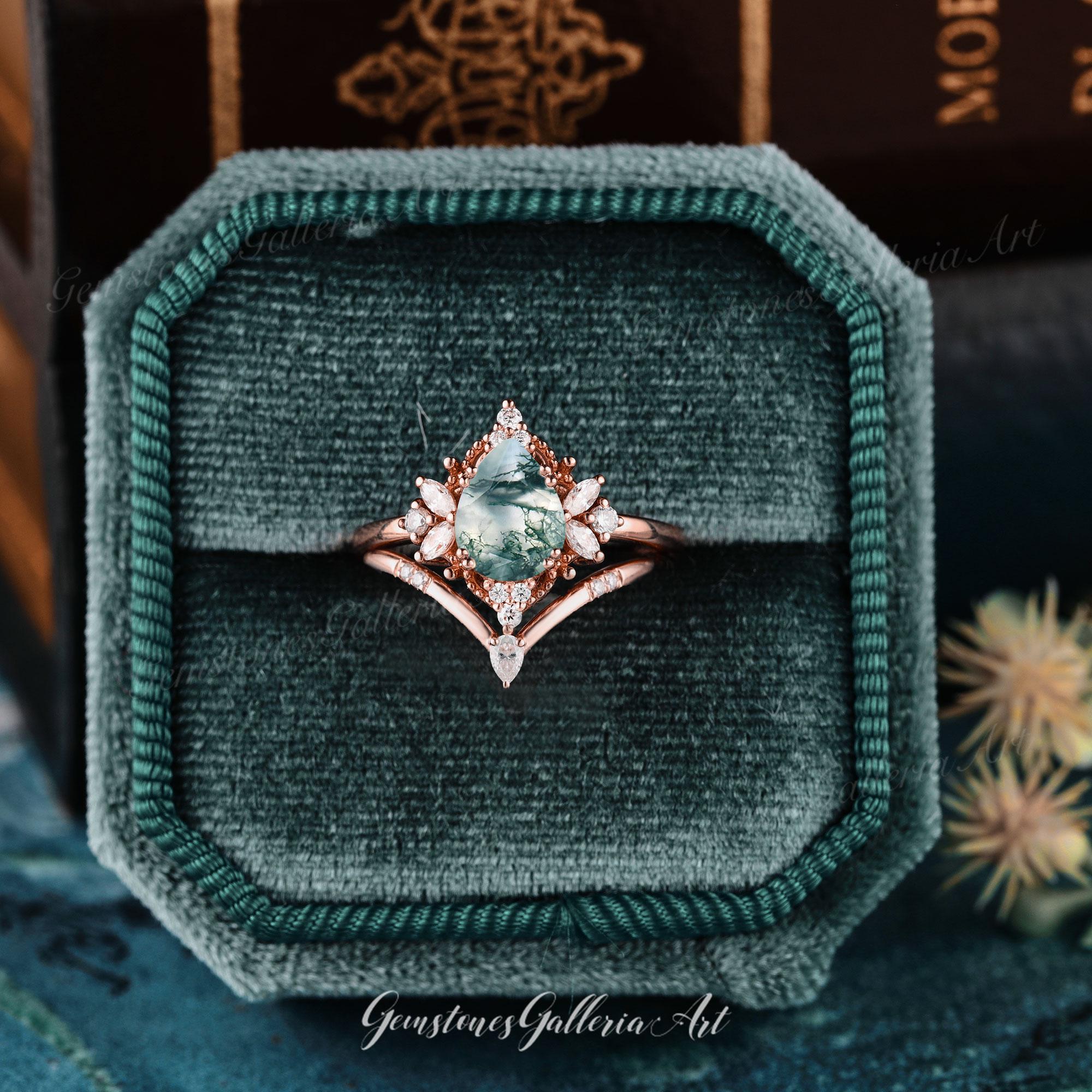 Art Deco Moss Agate Engagement Ring Set Vintage Milgrain Moissanite ...