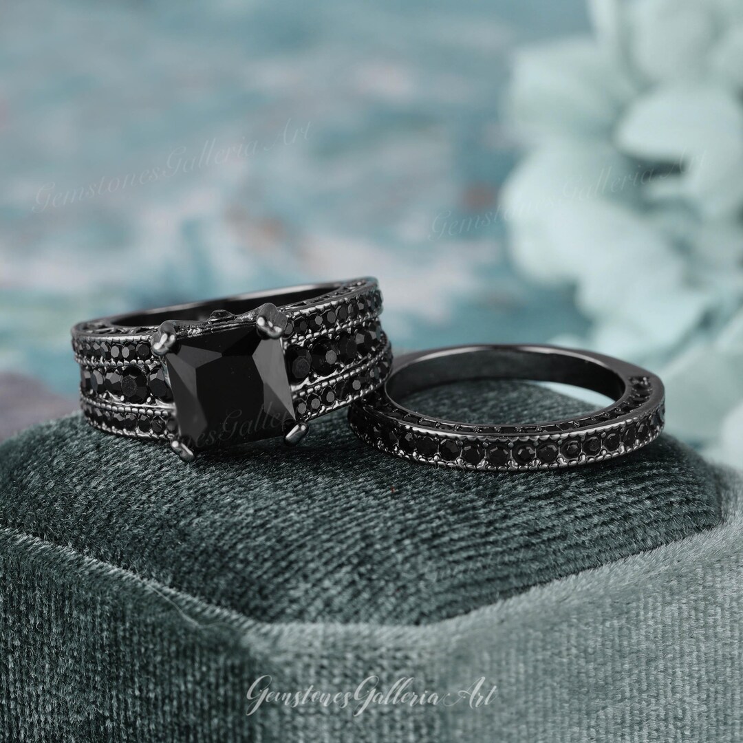 Art Deco Princess Cut Black Onyx Engagement Ring Set 2pcs Hidden Halo ...
