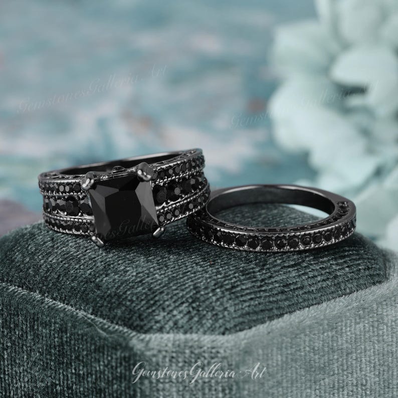 Art Deco Princess Cut Black Onyx Engagement Ring Set 2pcs Hidden Halo ...