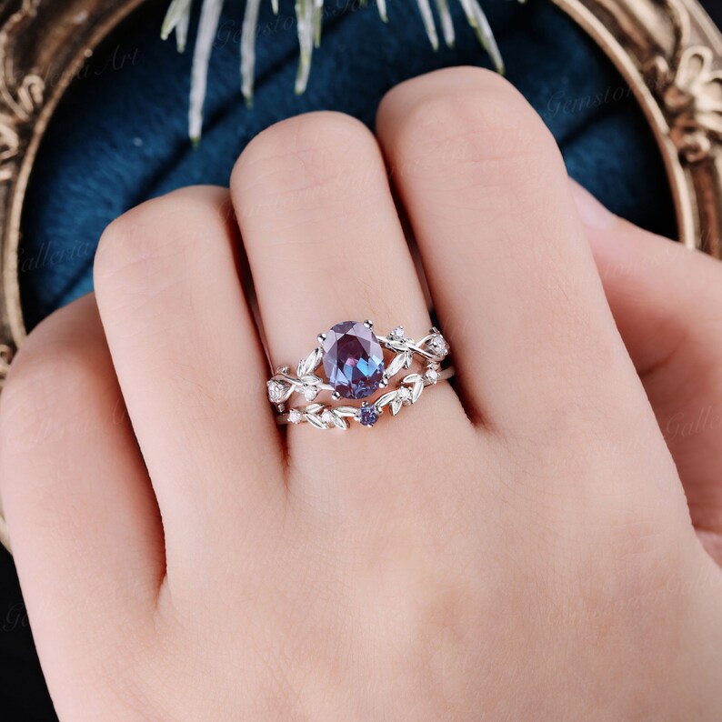 Infinity Alexandrite Engagement Ring Set Vintage Oval Cut White Gold ...