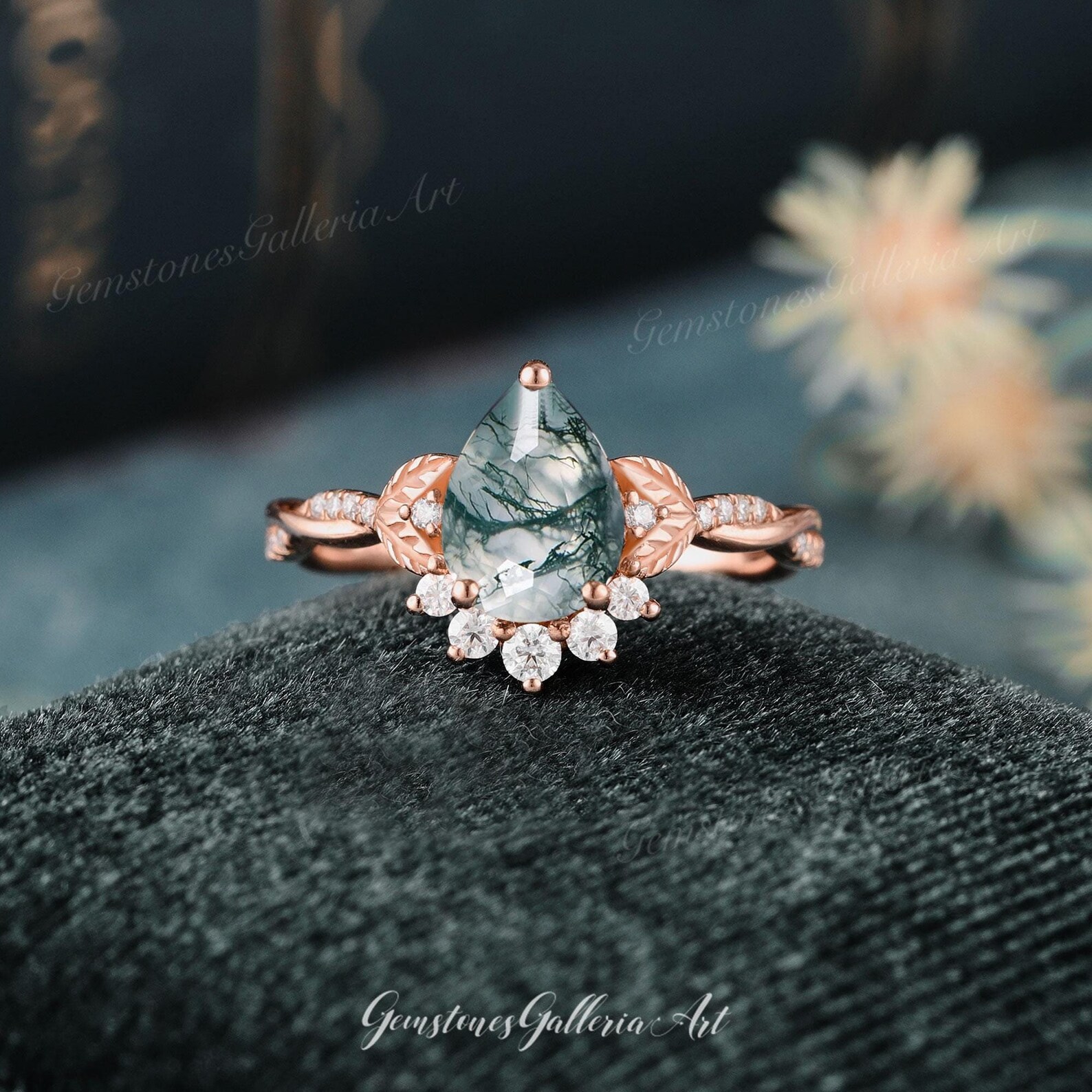 Pear Shaped Moss Agate Engagement Ring Leaf Rose Gold Promise Ring ...