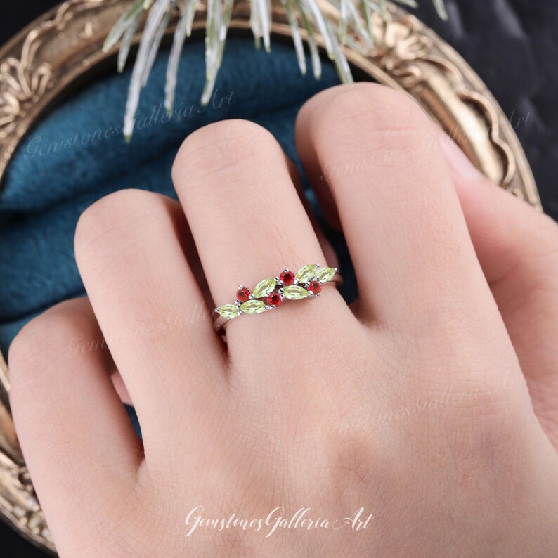 Vintage Peridot Garnet Wedding Band Unique Marquise Cut Peridot Band ...