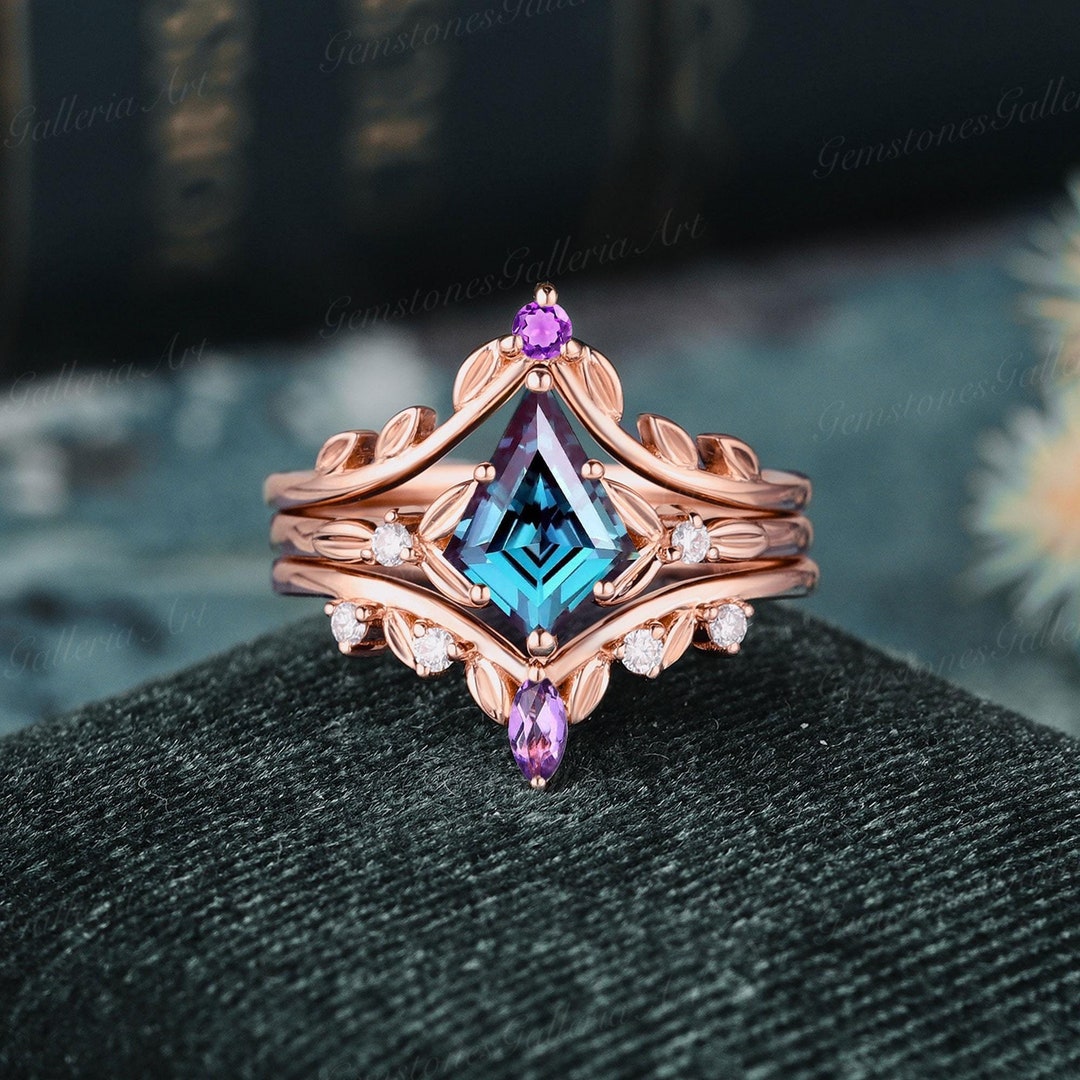 Kite Cut Alexandrite Engagement Ring Set June Birthstone Amethyst ...