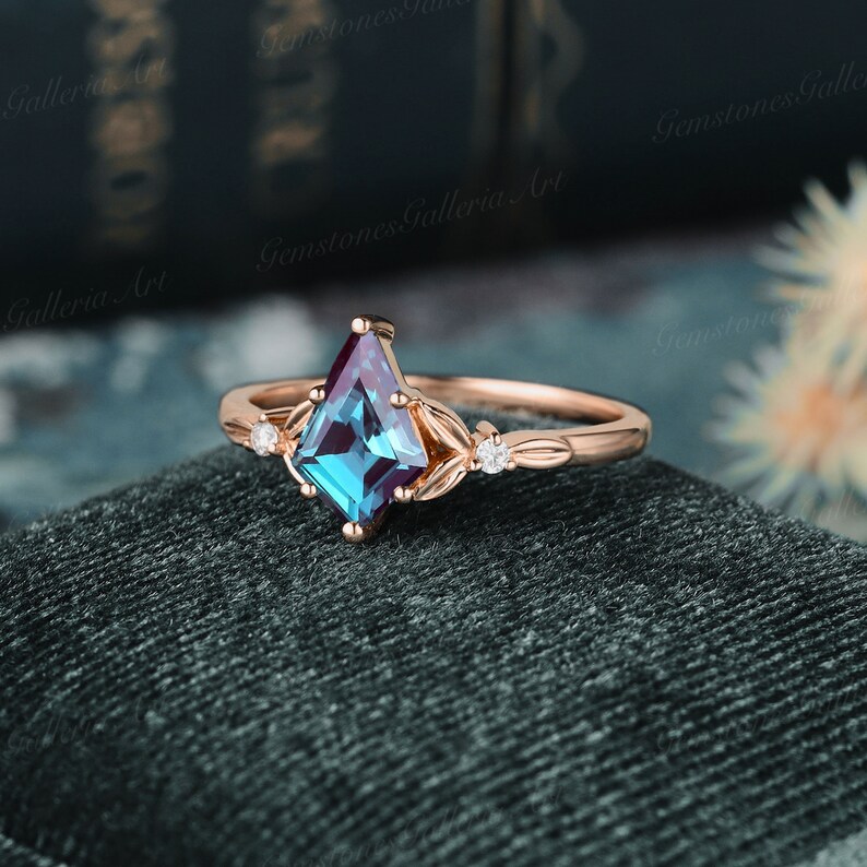 Kite Cut Alexandrite Engagement Ring Rose Gold Art Deco Branch Design ...