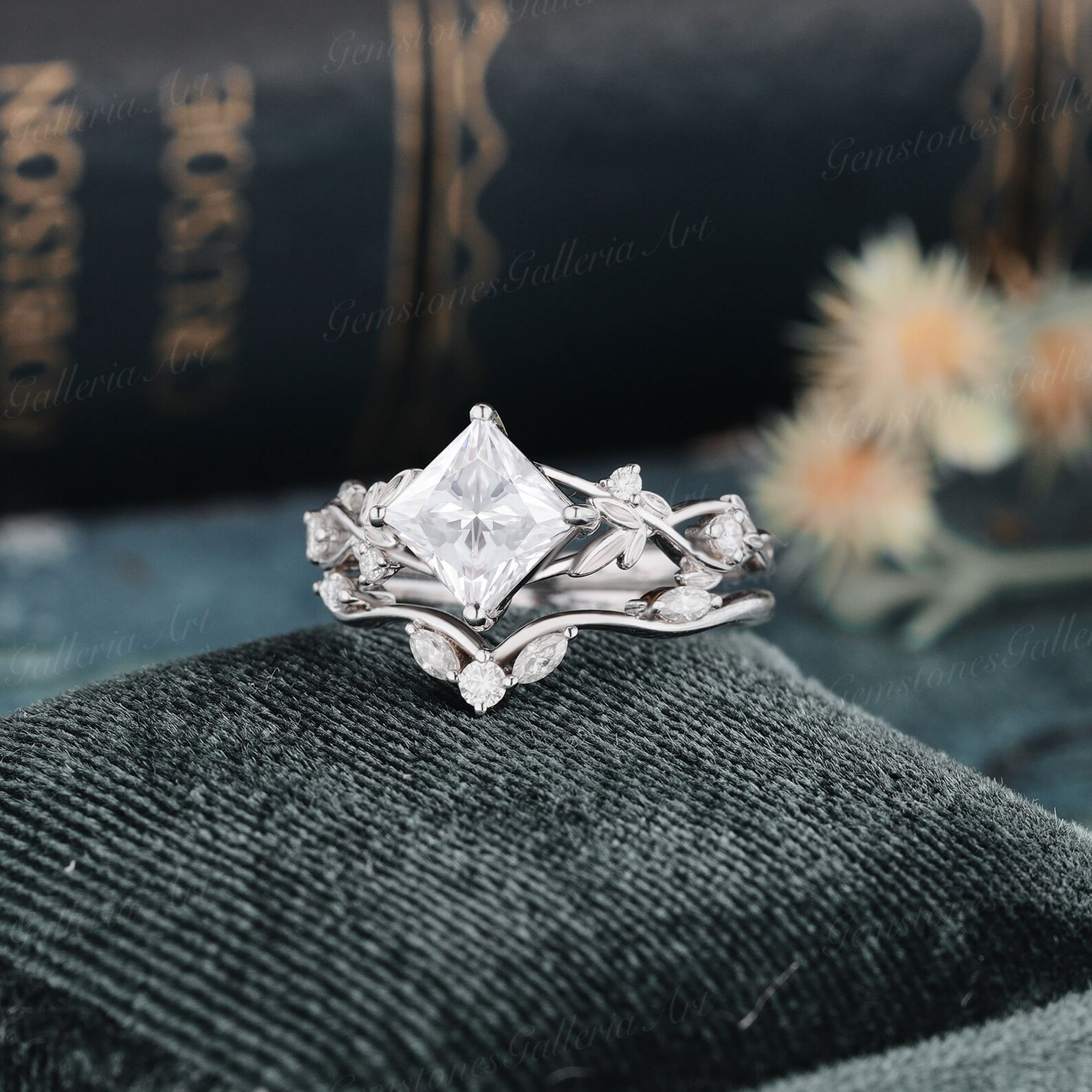Unique White Gold Engagement Ring Set Dainty Diamond Bridal Set Princess Cut Moissanite Ring Set ...