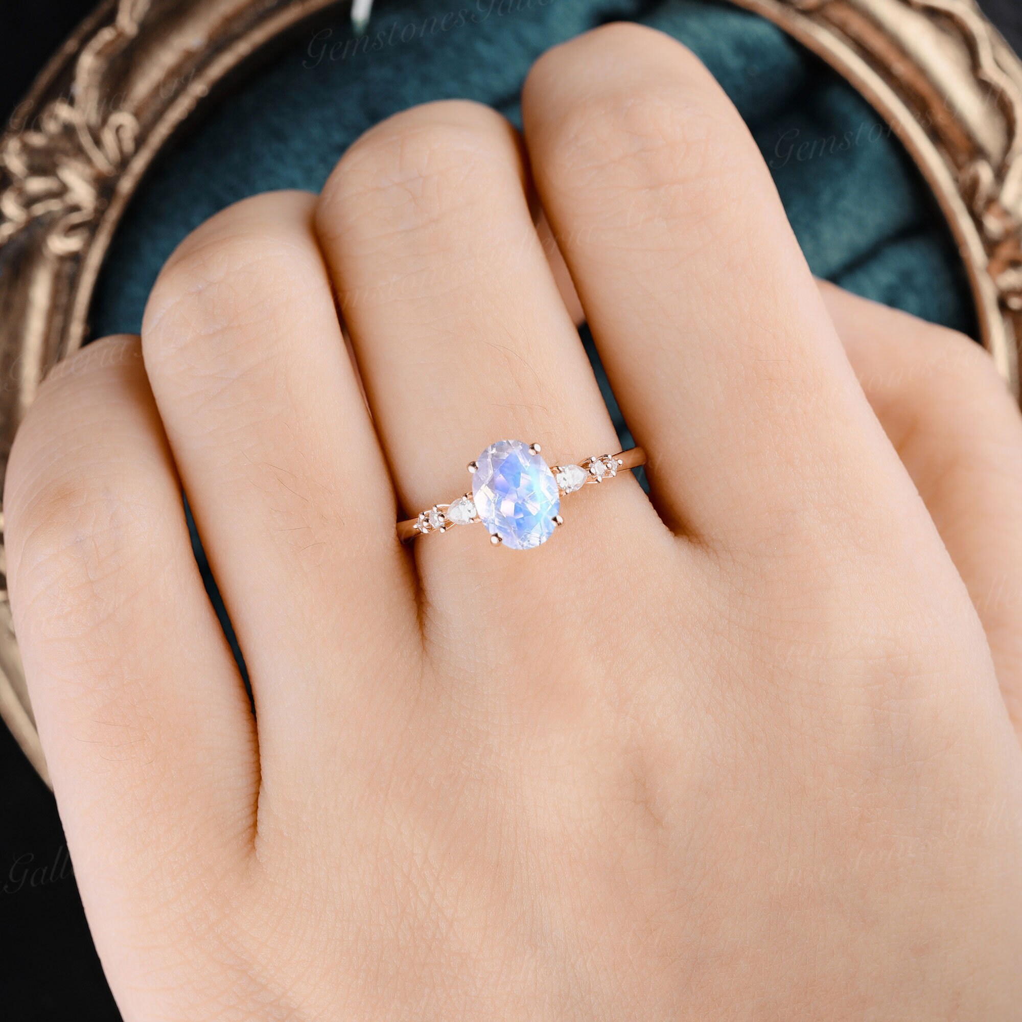 Rose Gold Moonstone Engagement Ring Art Deco Ring Oval Shaped Ring ...