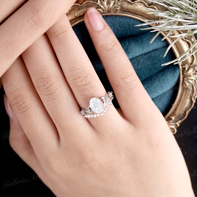 Pearl Moissanite Engagement Ring Set 2pcs White Gold Women Oval Shaped Moissanite Bridal Set ...