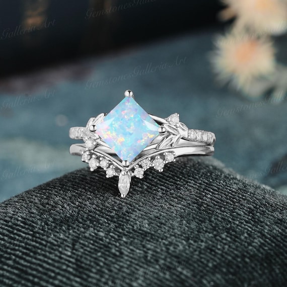Woodland Lab Opal Engagement Ring Set Branch Princess White Gold Ring Unique Curved Moissanite Bridal Ring Anniversary Gift for Her 2pcs Etsy Canada