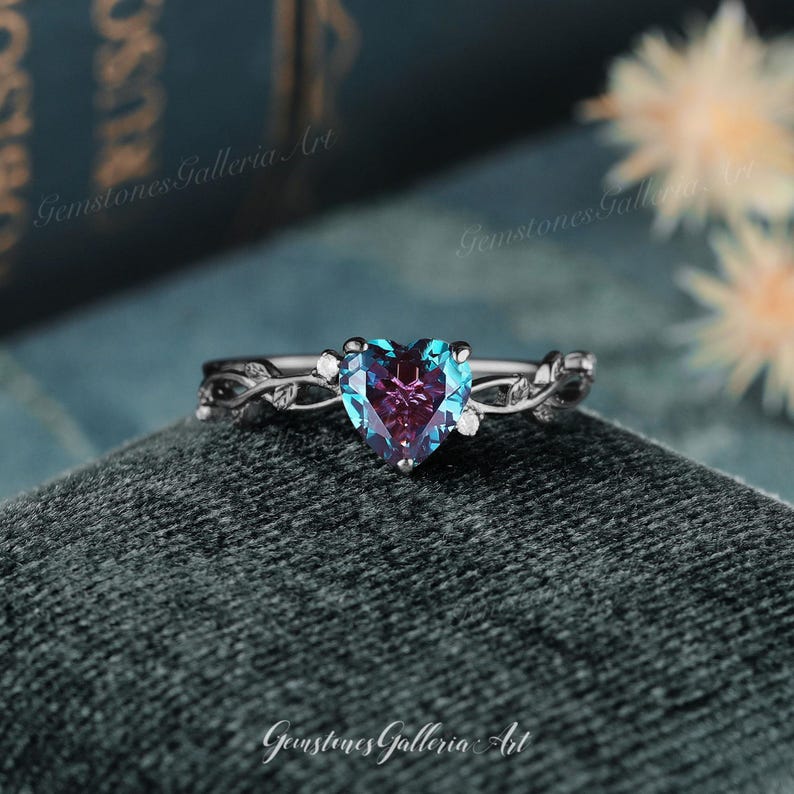 Heart Shaped Alexandrite Engagement Ring Black Gold Moissanite Twisted ...