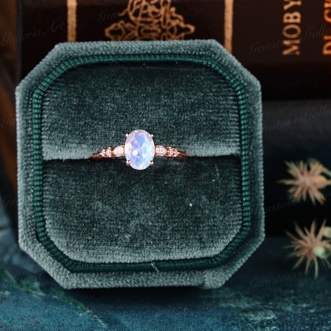 Rose Gold Moonstone Engagement Ring Art Deco Ring Oval Shaped Ring ...