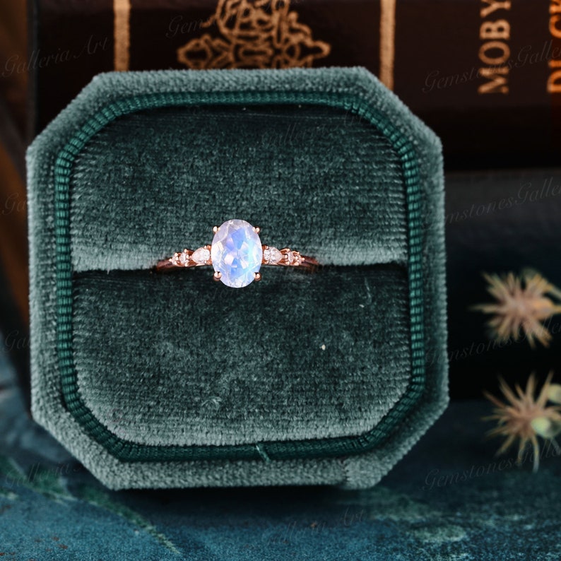 Rose Gold Moonstone Engagement Ring Art Deco Ring Oval Shaped Ring ...