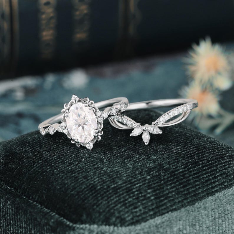 Moissanite Engagement Ring Set Vintage Unique White Gold 2PCS Oval ...