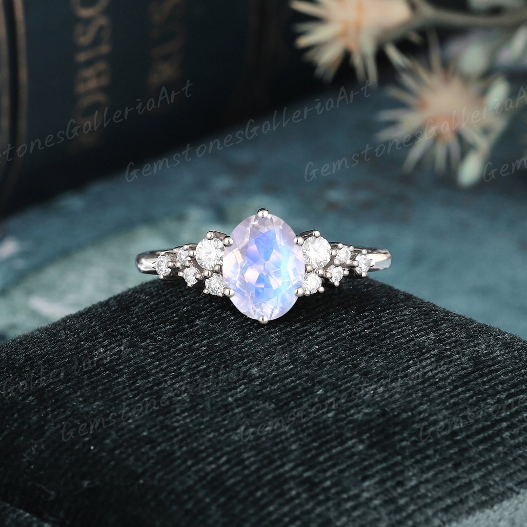 Oval Natural Blue Moonstone Engagement Ring Vintage Wedding Ring Women ...