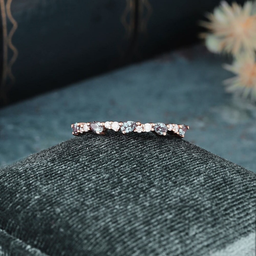 Pear Alexandrite Cluster Ring Rose Gold Wedding Band Women Dainty ...